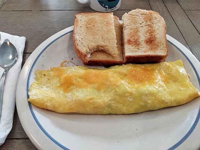 Behold the omelet in its purest form, golden and fluffy with melted cheese creating those irresistible pockets of gooey goodness throughout.