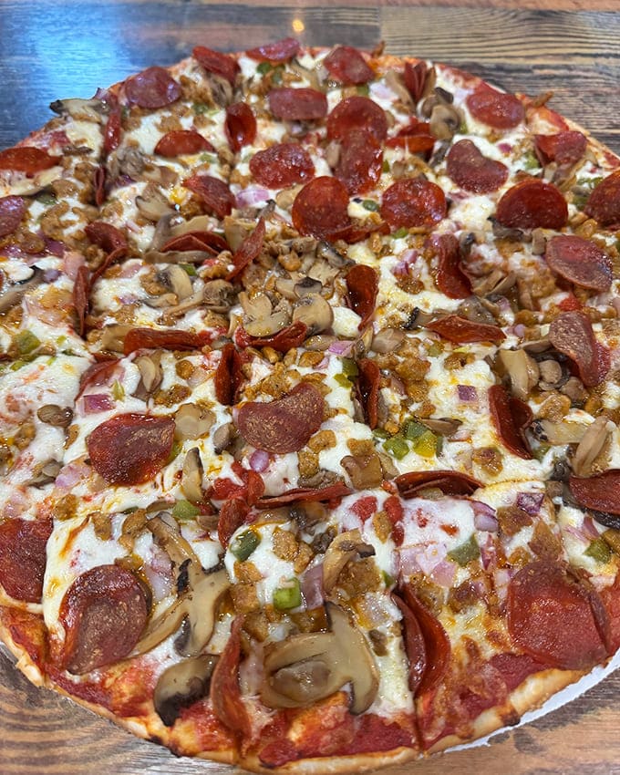 This isn't just any pizza &ndash; it's a masterpiece of melted cheese, perfectly crisped pepperoni, and mushrooms that actually taste like mushrooms.