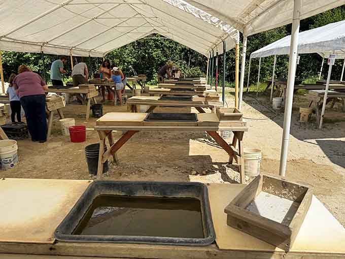 The cleaning station is where the magic happens, transforming muddy rocks into gleaming gems like some kind of geological car wash.