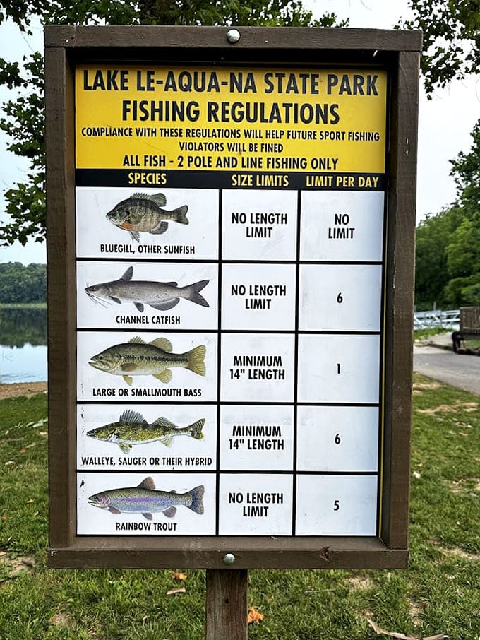 Fish tales start here! The regulation board stands as both invitation and challenge to anglers seeking their next great "one that got away" story.