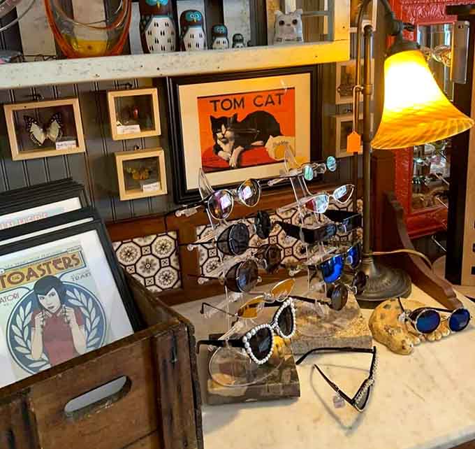 Vintage sunglasses displayed like crown jewels remind us that our ancestors knew how to shield their eyes with serious style and questionable practicality.