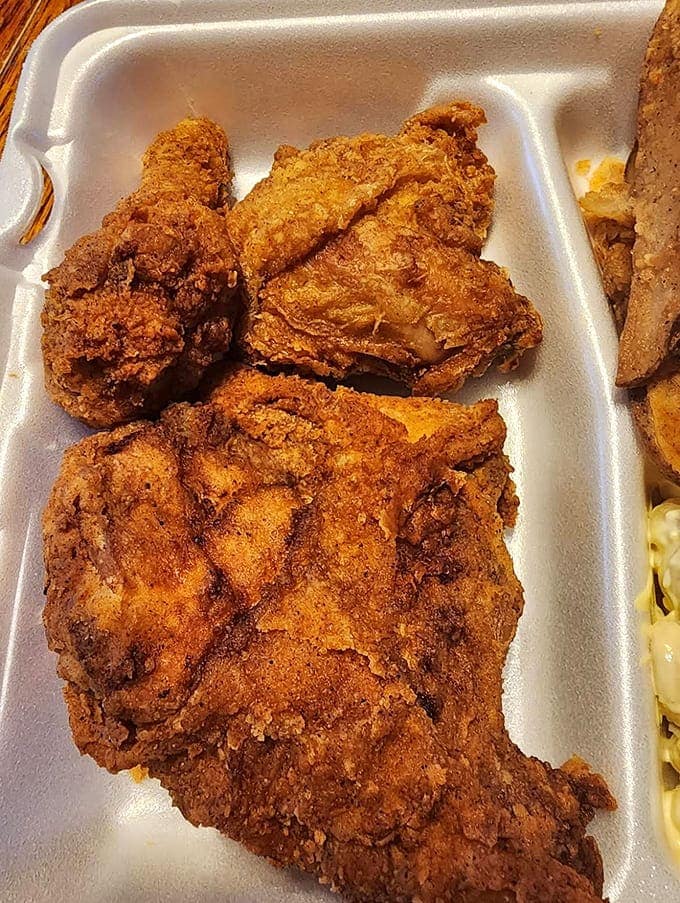 Golden-brown perfection that shatters with each bite, revealing juicy meat that might just bring a tear to your eye. This is chicken worth crossing roads for!