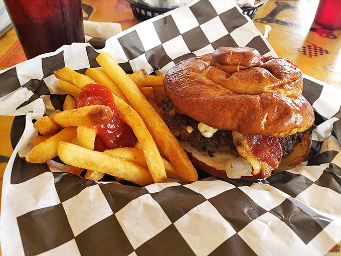 That pretzel bun burger with bacon arrives looking like the platonic ideal of what burgers should be&mdash;prepare multiple napkins.