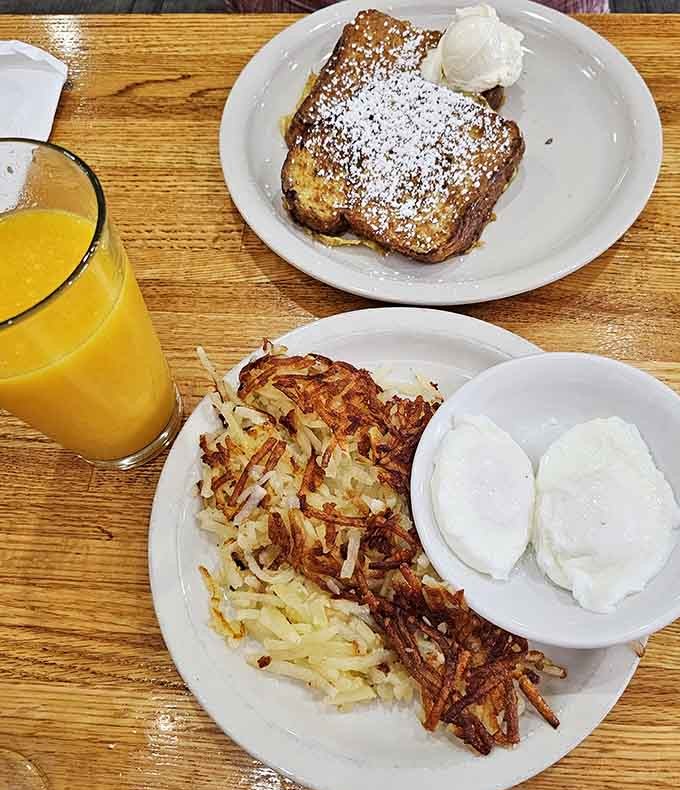 French toast and hash browns demonstrate that breakfast perfection doesn't require fancy ingredients, just proper execution and care.