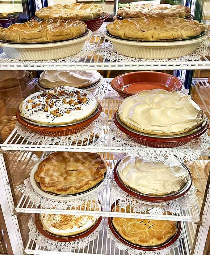 The legendary pie case at Darrow's displays what might be Michigan's most impressive collection of homemade pies, from fruit classics to cream-topped masterpieces.