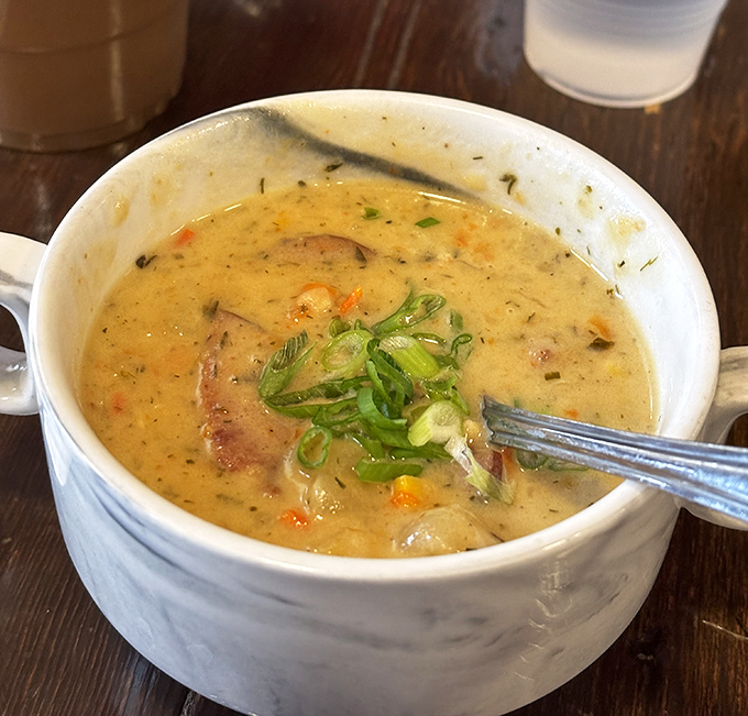 A bowl of their famous soup &ndash; creamy, hearty, and packed with enough flavor to make you contemplate drinking it straight from the bowl.