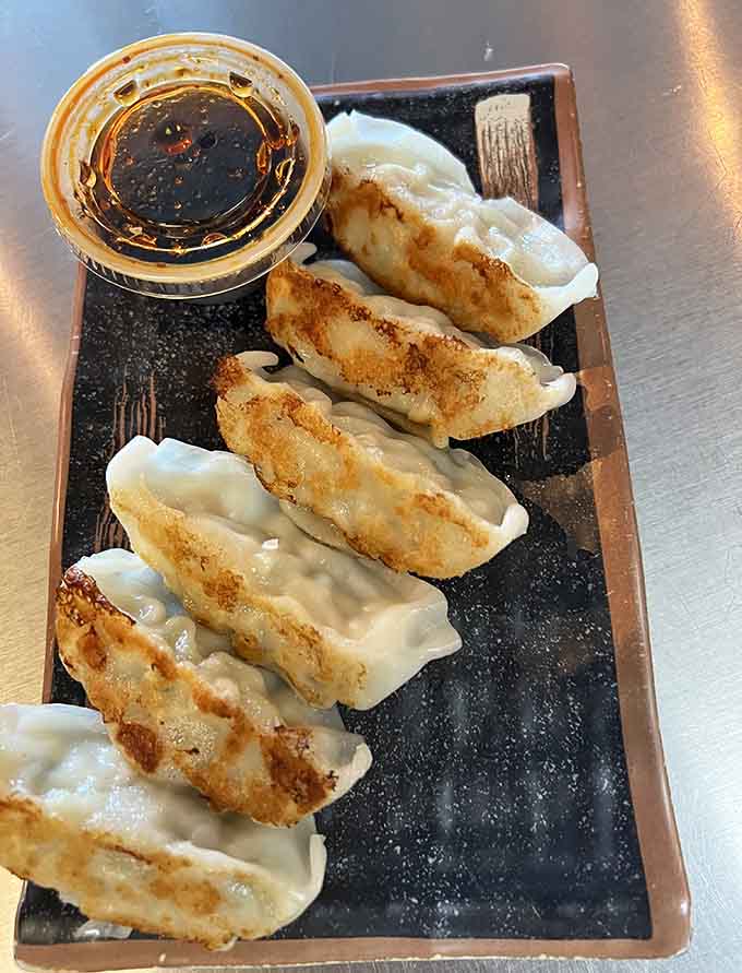 Golden-brown gyoza arrive perfectly crisped on one side, ready to deliver that satisfying crunch with every bite you take.