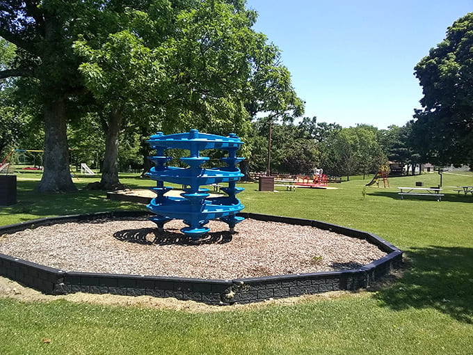 The playground equipment at Lena Community Park District proves that fun doesn't require electricity, just imagination and a willingness to climb things.