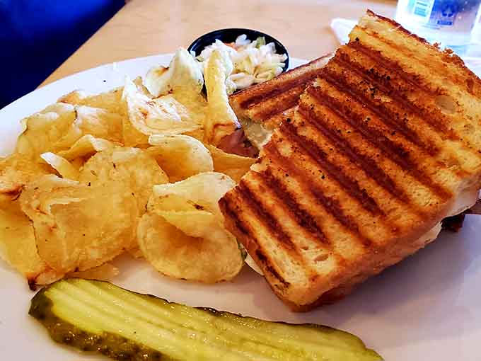 Behold the golden perfection of a properly grilled cheese sandwich, with those gorgeous grill marks and that promise of melted goodness within.