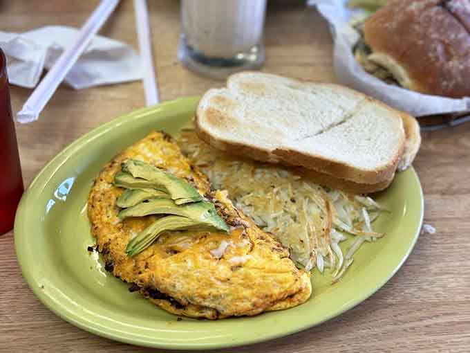 The Mexican omelette arrives loaded with enough ingredients to make breakfast feel like a fiesta on a plate.