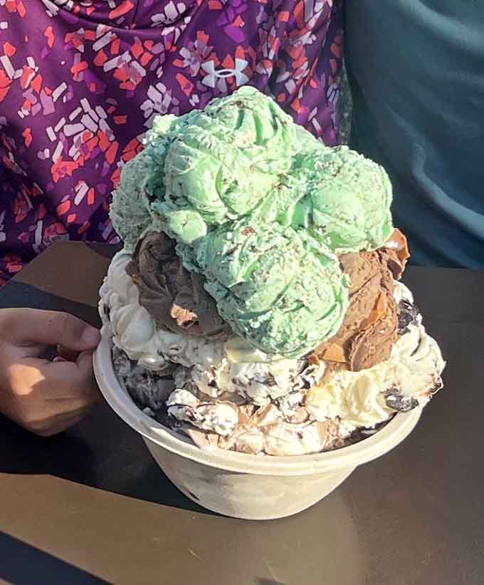 This isn't a serving of ice cream; it's a frozen sculpture that challenges everything you thought you knew about reasonable portion sizes.