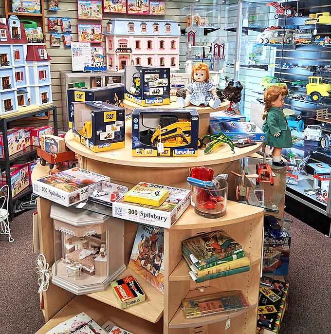 Childhood memories line these shelves, where vintage toys wait patiently for collectors who recognize that playthings were once built to last generations.