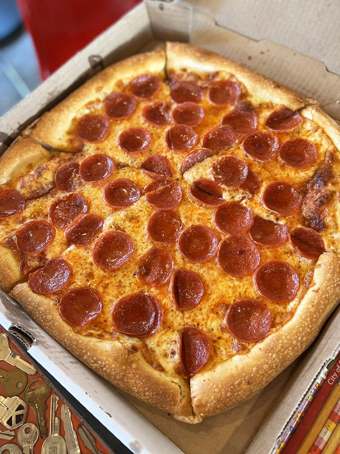 This isn't just any pepperoni pizza &ndash; it's a masterclass in simplicity, with perfectly curled cups of pepperoni creating tiny pools of flavor.