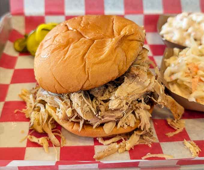 Pulled pork piled this high on a bun should probably require a structural engineering degree to eat properly.