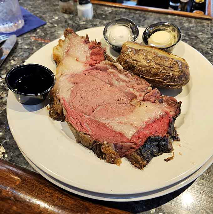 Behold the prime rib in all its glory, perfectly cooked and ready to change your life one bite at a time.