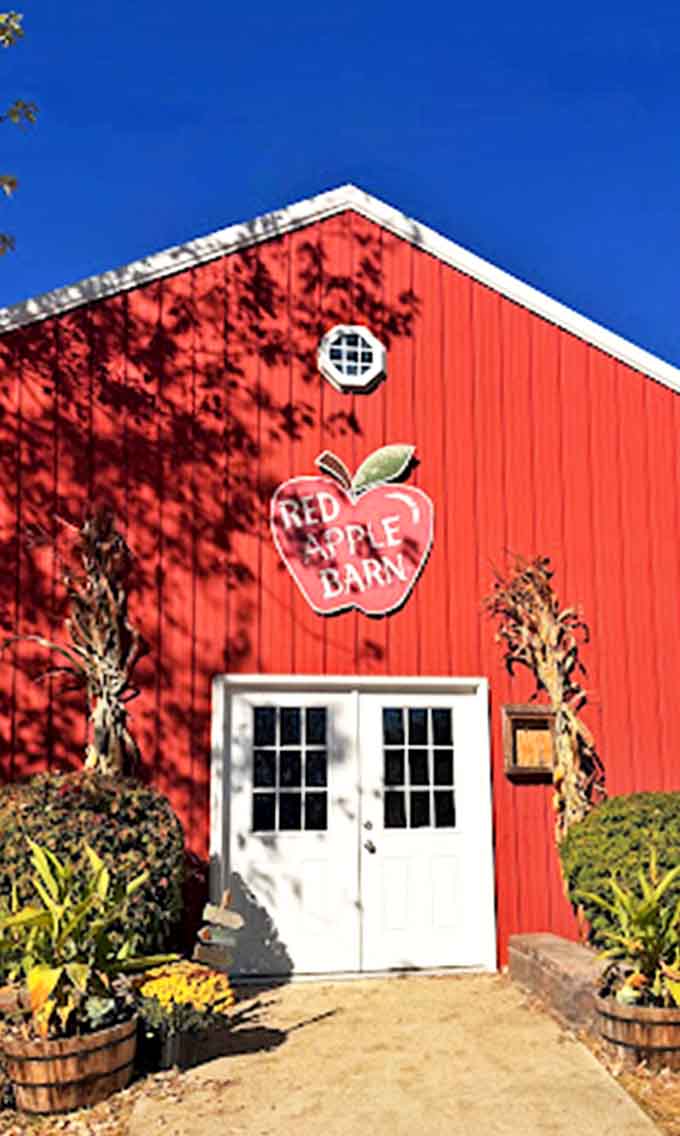 The Red Apple Barn welcomes visitors with rustic charm and seasonal plantings &ndash; it's practically the universal symbol for "fall has officially arrived."