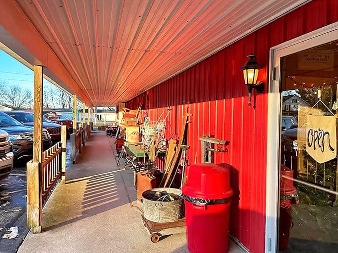 Porch Area Display: The barn's covered porch serves as the appetizer before the main course&mdash;a jumble of rustic finds basking in natural light.