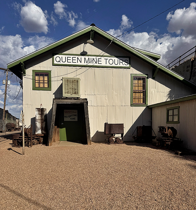 No Quitting Time reads the sign at Queen Mine Tours, where visitors don hardhats and journey into Bisbee's subterranean past.