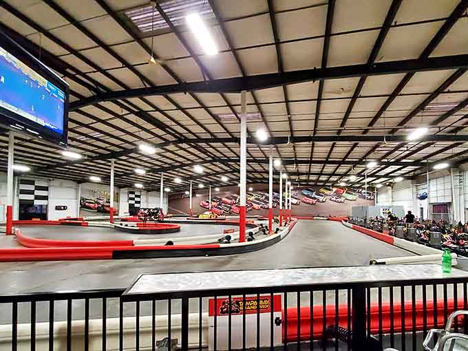 Banking through turns tighter than your uncle's budget, racers navigate the winding track that separates the cautious from the courageous.