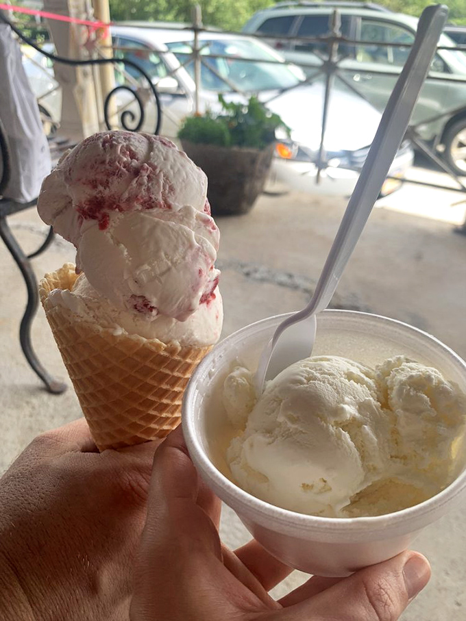 Summer perfection: creamy scoops of red raspberry and key lime ice cream that taste like vacation in a cone, enjoyed on the barn's welcoming porch.