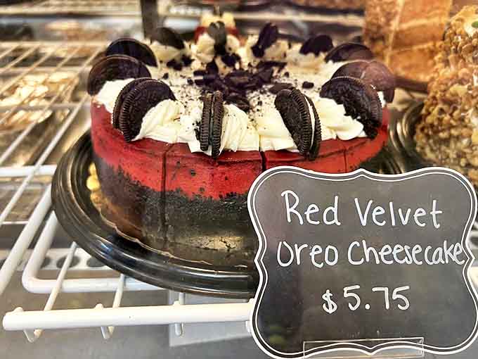 Red velvet oreo cheesecake: Layer upon layer of sweet rebellion against sensible eating, crowned with Oreos like a dessert wearing its medals of honor.