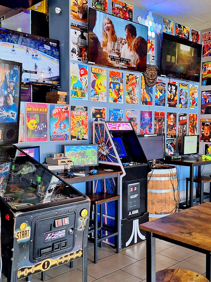 Classic arcade cabinets line the walls, their screens glowing with the familiar characters that defined a generation of gamers.