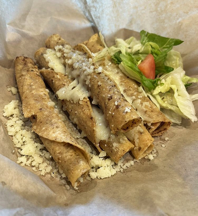 Golden-fried rolled tacos nestled on a bed of cotija cheese, with fresh lettuce providing the perfect cool counterpoint to crispy perfection.
