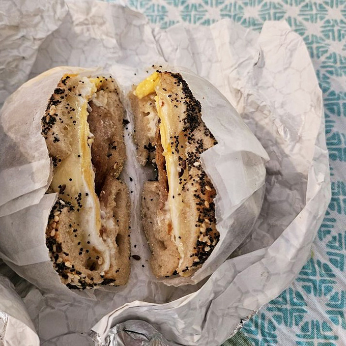 This isn&rsquo;t just any breakfast sandwich&mdash;savory sausage, fluffy eggs, and melty cheese on an everything bagel.