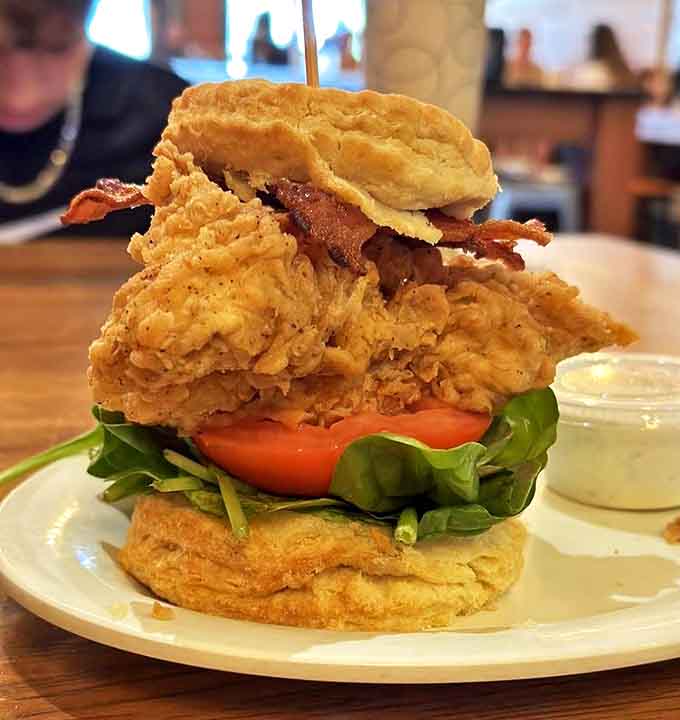 This Southern Fried Chicken BLT isn't just a sandwich &ndash; it's architecture, engineering, and art all stacked between two perfect biscuits.