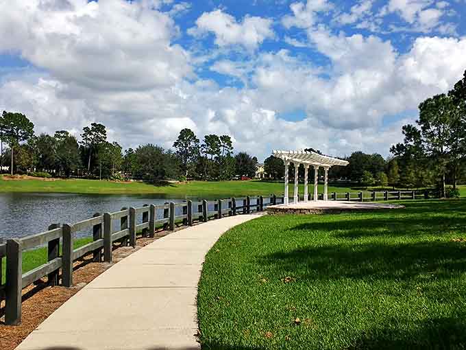 This serene waterfront pergola offers a moment of tranquility that makes you forget you're in the same state as spring break.