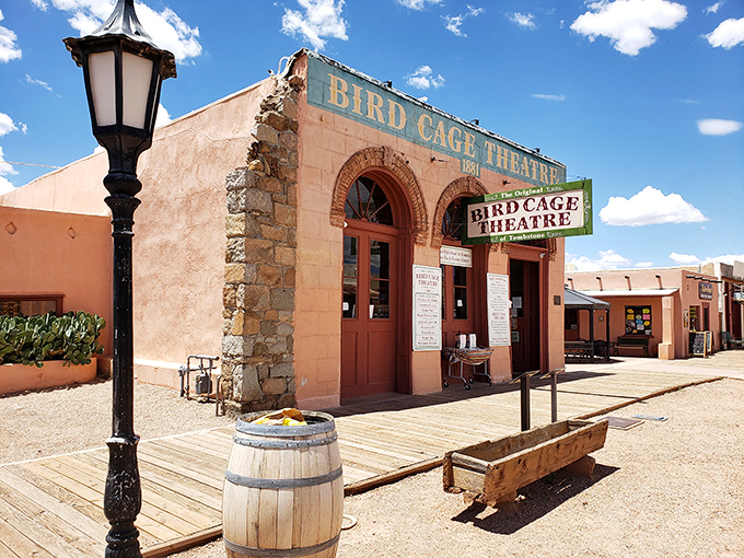 The Bird Cage Theatre stands preserved in time, its weathered facade hiding countless stories of Tombstone's rowdiest establishment.