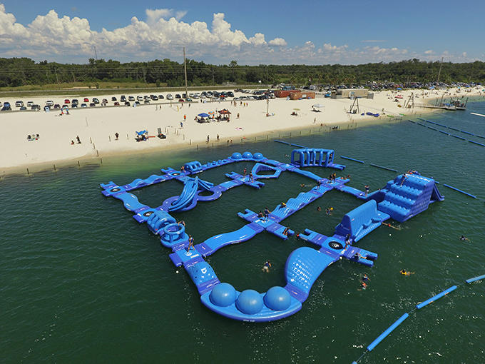 Bird's eye view of organized chaos &ndash; from above, it's an artistic arrangement of blue obstacles; from below, it's "where's my sunglasses?"
