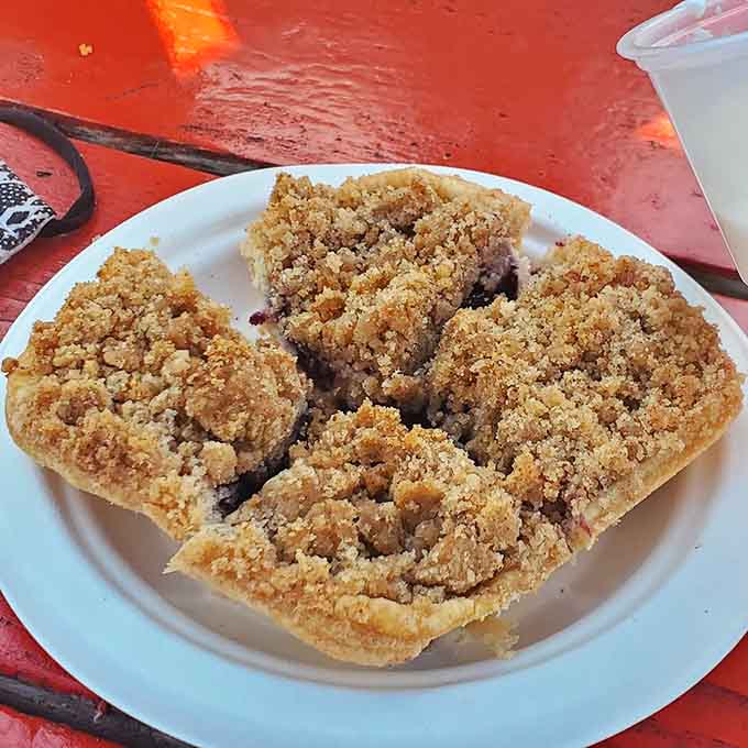 Golden-crusted perfection on a plate, this crumb-topped pie slice showcases the kind of homemade baking that keeps customers coming back for more.
