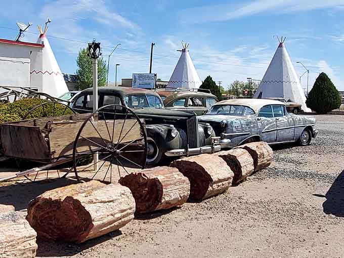 Classic cars scattered around the property aren't just decoration, they're time machines on wheels that complete the retro roadside experience perfectly.