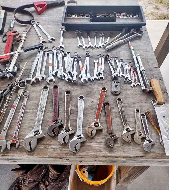 Tool heaven for the handy shopper! This meticulously arranged collection of wrenches would make any garage tinkerer weak at the knees.