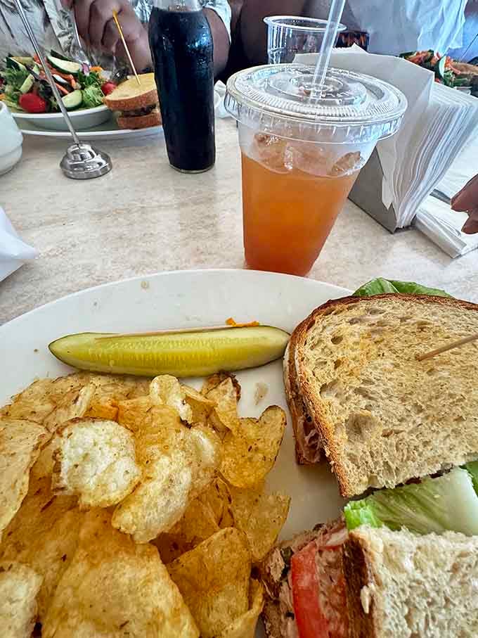 This isn't just lunch; it's edible architecture &ndash; crisp kettle chips, a pickle spear, and a sandwich that makes you wonder why all tuna salad doesn't taste this good.