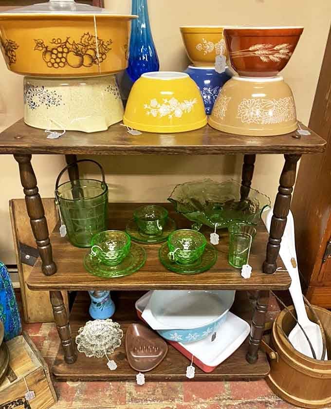 Pyrex bowls in harvest gold and earthy browns &ndash; kitchen workhorses that survived decades to become colorful trophies of mid-century Americana.