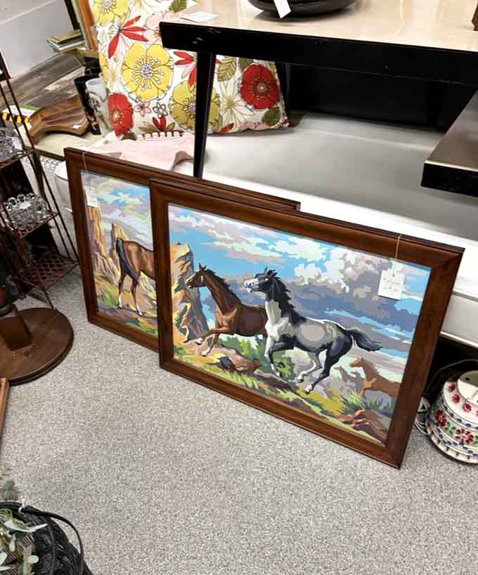 Framed artwork featuring majestic horses proves that paint-by-numbers could produce museum-worthy results in the right hands and era.