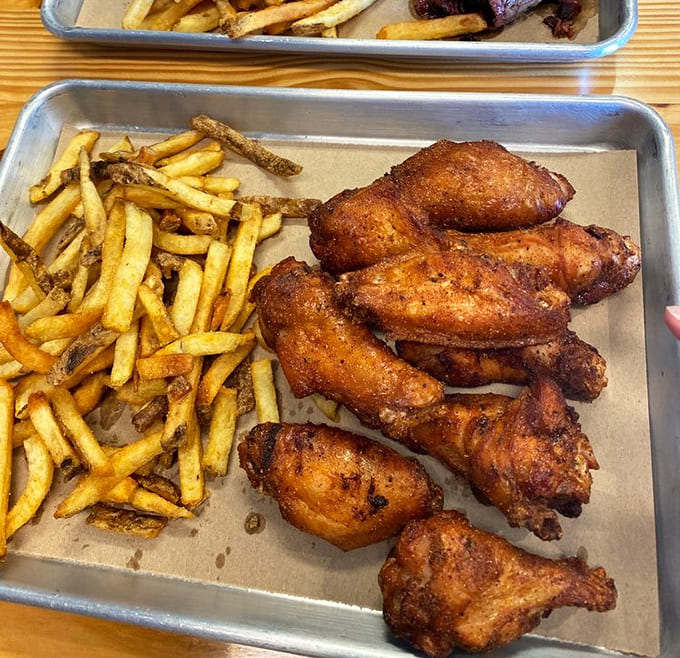 These wings aren't just smoked, they're transformed – crispy exteriors hiding juicy meat that's absorbed hours of smoky wisdom. Finger-licking philosophy at its finest.