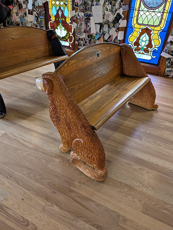 Hand-carved wooden benches supported by lifelike dog sculptures invite visitors to sit and reflect, combining artistry with function in true Dog Mountain style.