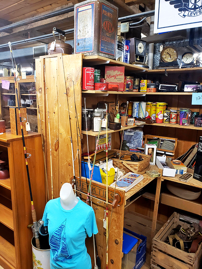 Vintage tins and nostalgic packaging create a colorful time capsule of American consumer history on these well-stocked wooden shelves.