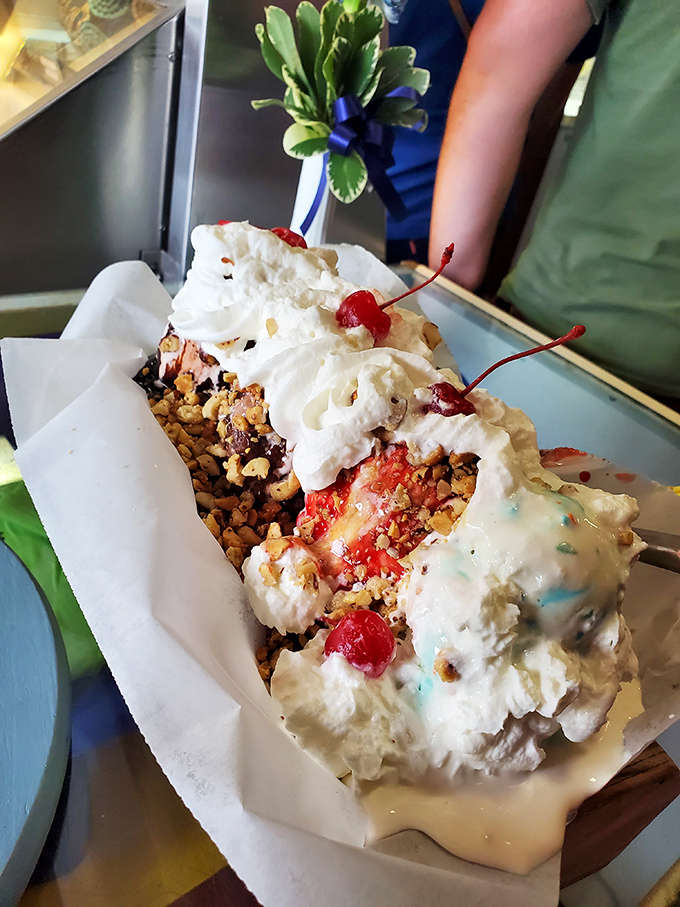 This isn't just dessert, it's architecture &ndash; Sherman's legendary banana split defies gravity with mountains of ice cream, toppings, and childhood dreams.