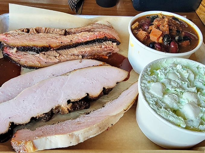 Brisket and pork sliced thick, with beans and slaw standing by &ndash; a Wisconsin meat symphony with all the right accompaniments.