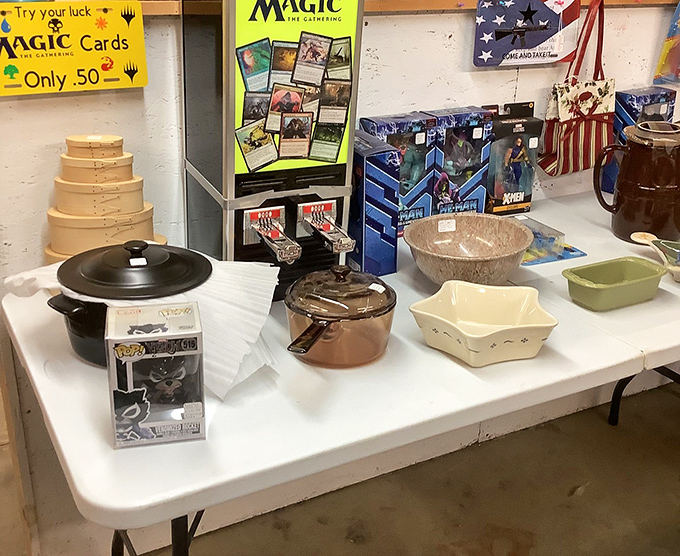 Kitchen nostalgia abounds with cast iron cookware and ceramic serving dishes that have witnessed countless family gatherings.