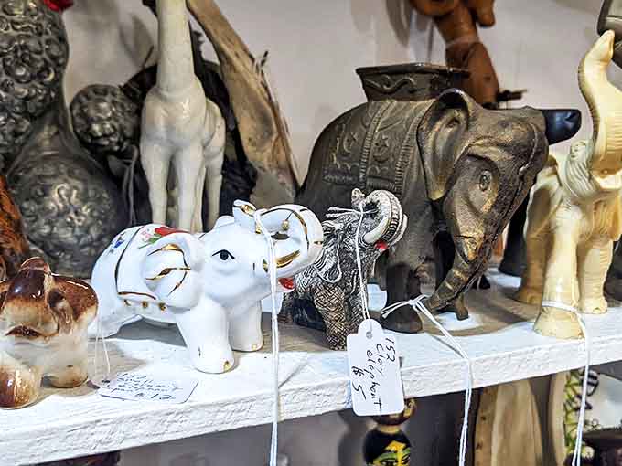 Elephant figurines trumpet their unique personalities from every shelf, a parade of pachyderms waiting for their forever homes.