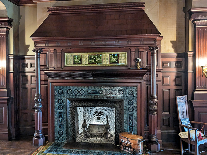 This isn't just a fireplace – it's architectural poetry in wood and tile that makes your home's gas insert look like a microwave in comparison.