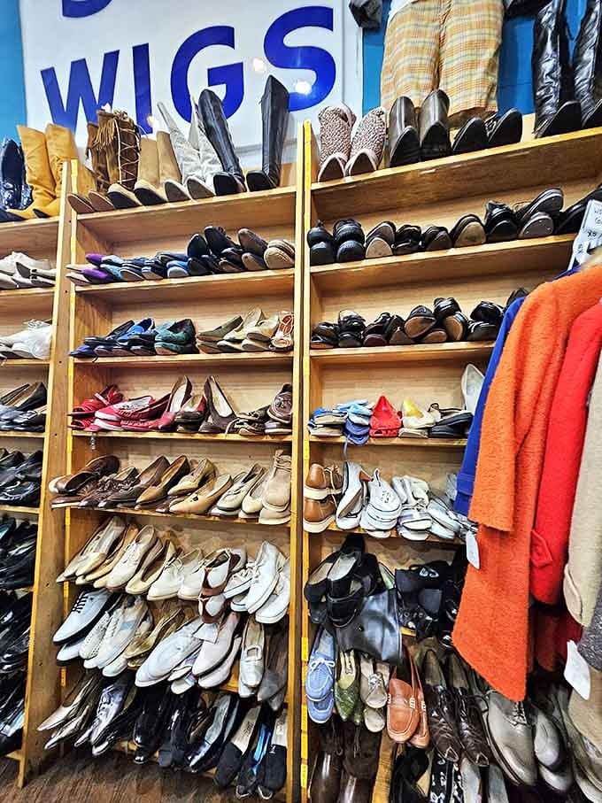 Footwear heaven awaits with shelves showcasing everything from dainty 1920s T-straps to bold 1970s platforms that defy gravity.