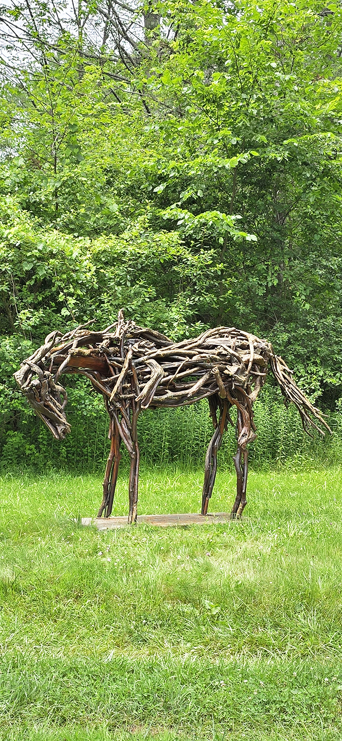 This driftwood horse appears ready to gallop through the forest, or at least stand there looking magnificently rustic.
