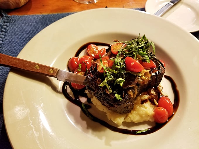 This isn't just dinner, it's edible art &ndash; the Paddle Filet with its gorgonzola crust and cherry tomatoes creates a plate worth framing.