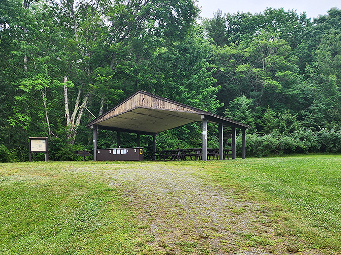 The park's rustic pavilion stands ready for impromptu picnics or sudden summer showers &ndash; Maine's version of a multipurpose room.